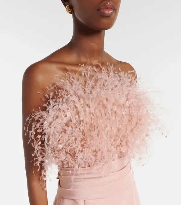 Oscar De La Renta Feather-trimmed Silk Faille Bustier Gown