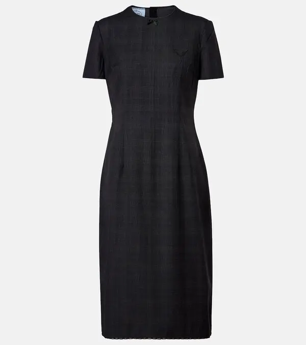 Prada Checked Virgin Wool Midi Dress - Grey