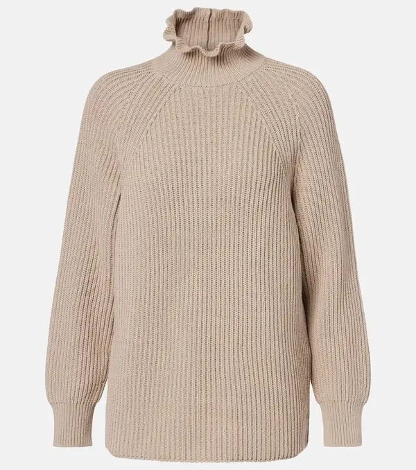 Max Mara Camino Ruffled Cotton Turtleneck Sweater - Beige