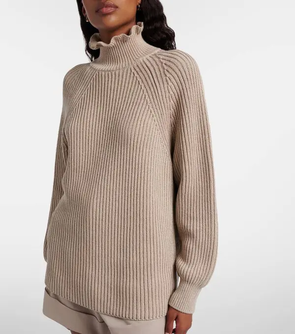 Max Mara Camino Ruffled Cotton Turtleneck Sweater - Beige