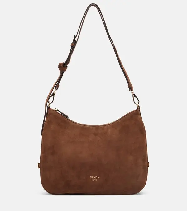 Prada Large Suede Shoulder Bag - Brown