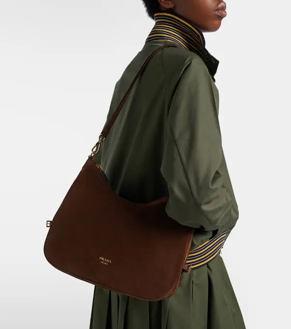 Prada Large Suede Shoulder Bag - Brown