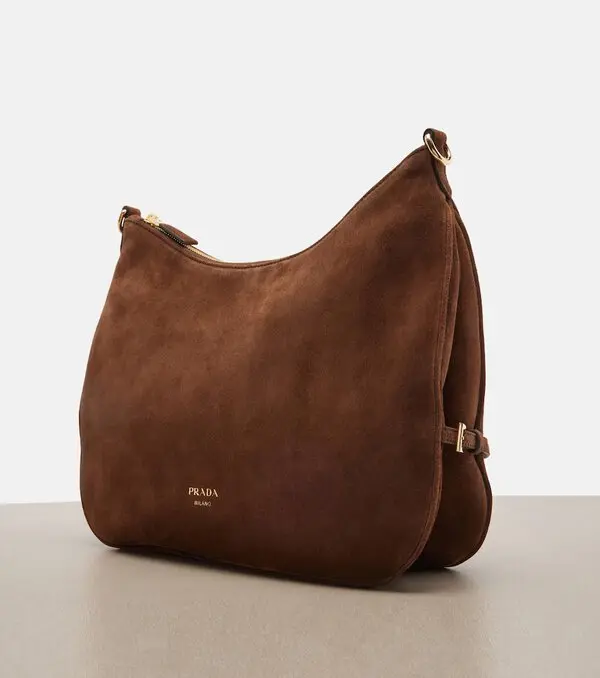 Prada Large Suede Shoulder Bag - Brown