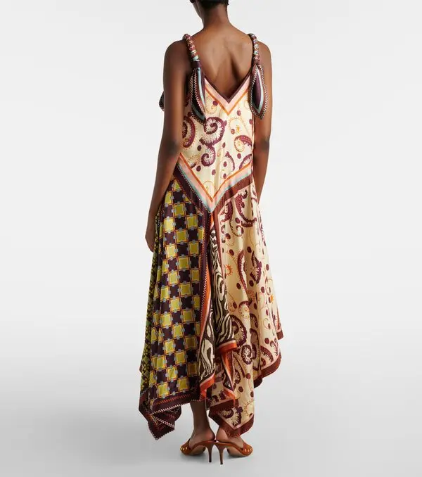 ALEMAIS Asymmetrical Printed Silk Twill Midi Dress - Multicoloured