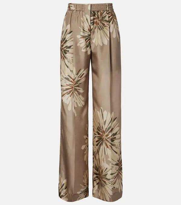 Brunello Cucinelli Floral Silk Pongee Wide-leg Pants - Beige
