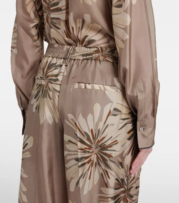 Brunello Cucinelli Floral Silk Pongee Wide-leg Pants - Beige