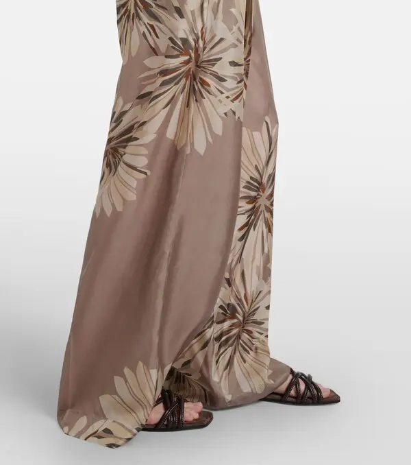 Brunello Cucinelli Floral Silk Pongee Wide-leg Pants - Beige
