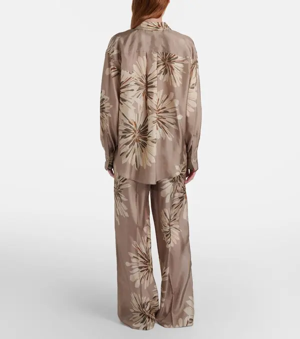 Brunello Cucinelli Floral Silk Pongee Wide-leg Pants - Beige