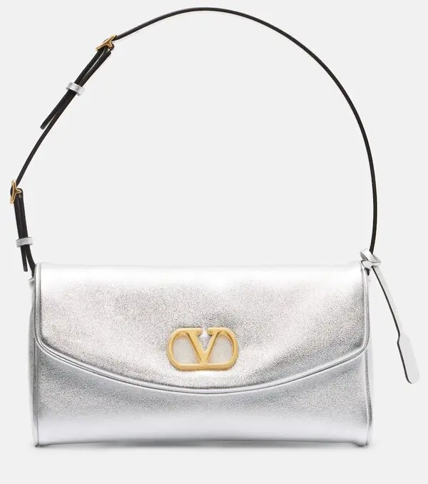 Valentino Garavani Devain Small Metallic Leather Shoulder Bag - Silver