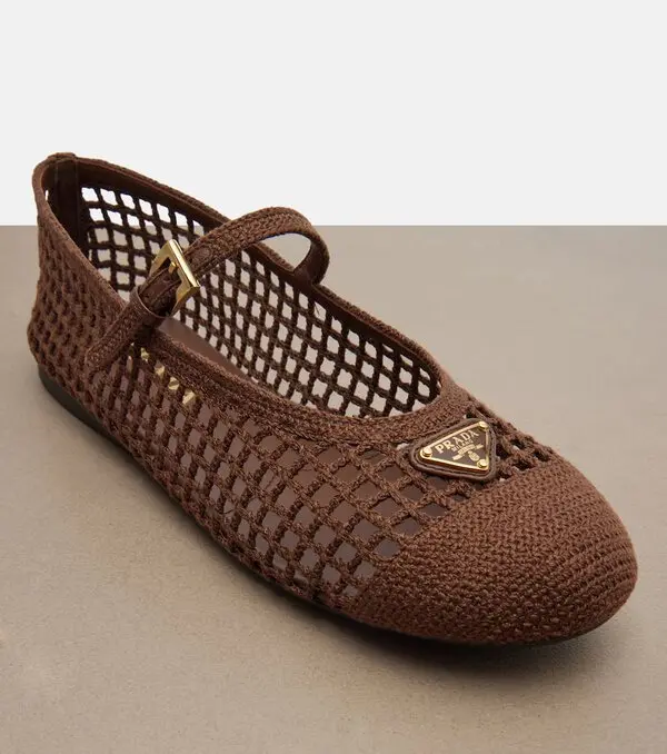 Prada Crochet Mary Jane Flats - Brown