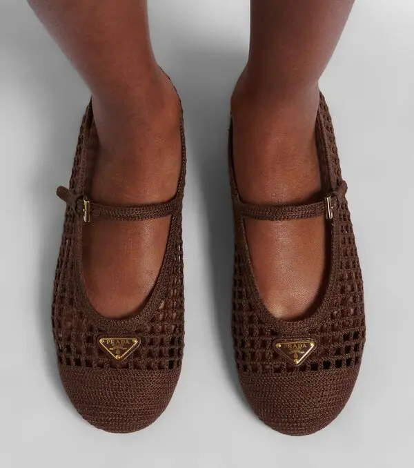 Prada Crochet Mary Jane Flats - Brown