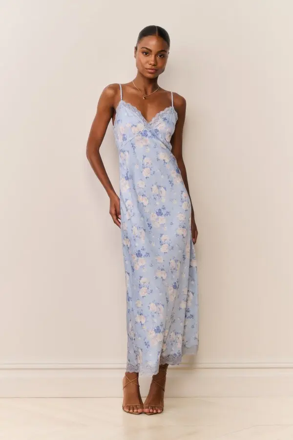 LoveShackFancy Manuela Heirloom Print Maxi Slip Dress - Whisper Blue