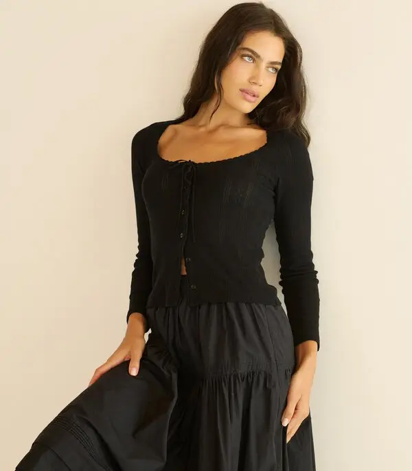 DÔEN Lori Pointelle Button-up Tee - Black