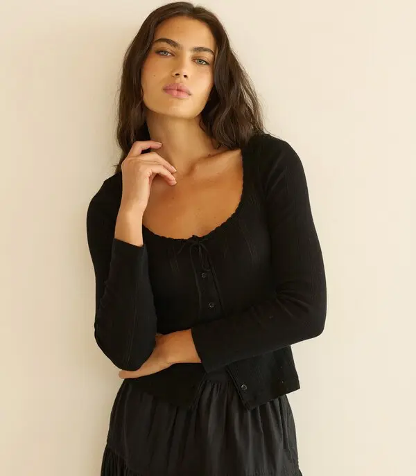 DÔEN Lori Pointelle Button-up Tee - Black