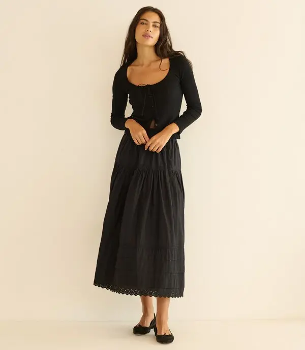 DÔEN Lori Pointelle Button-up Tee - Black