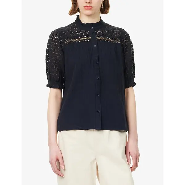 ME+EM Lace-panel Ruffled Cotton Top