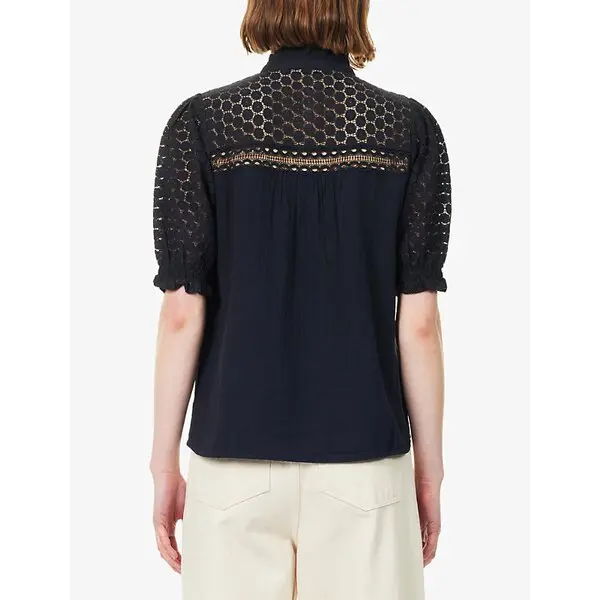 ME+EM Lace-panel Ruffled Cotton Top