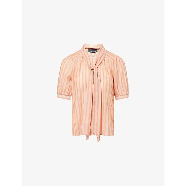 ME+EM Tie-neck Striped Cotton Top - Orange Multi
