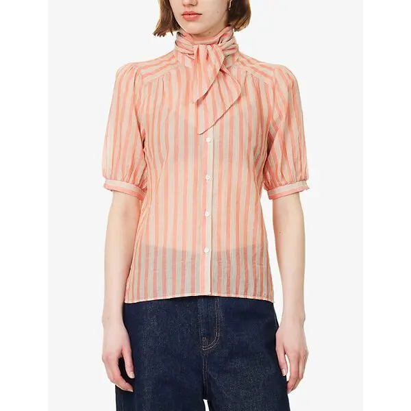 ME+EM Tie-neck Striped Cotton Top - Orange Multi