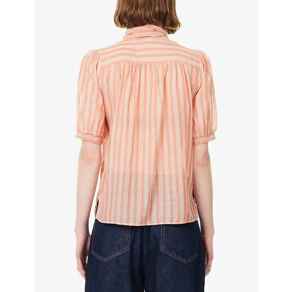 ME+EM Tie-neck Striped Cotton Top - Orange Multi