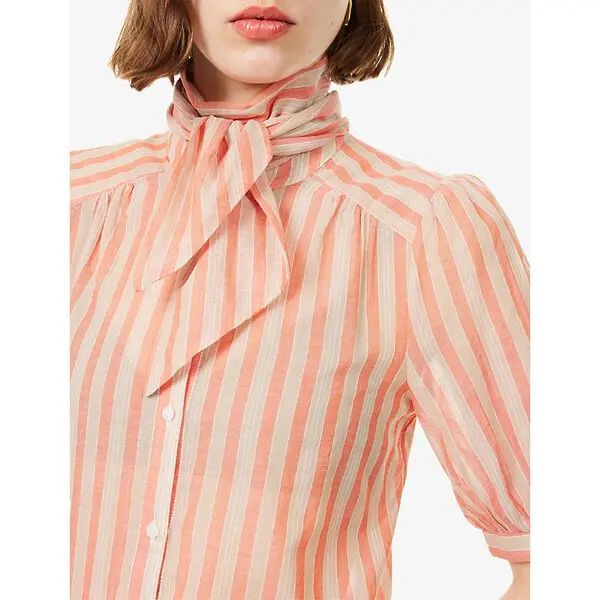 ME+EM Tie-neck Striped Cotton Top - Orange Multi