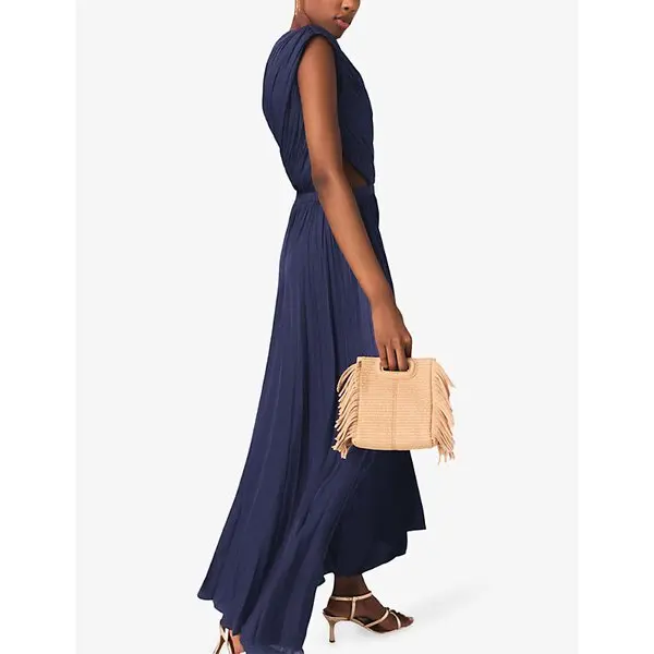 Maje Pleated One-shoulder Woven Maxi Dress - Navy