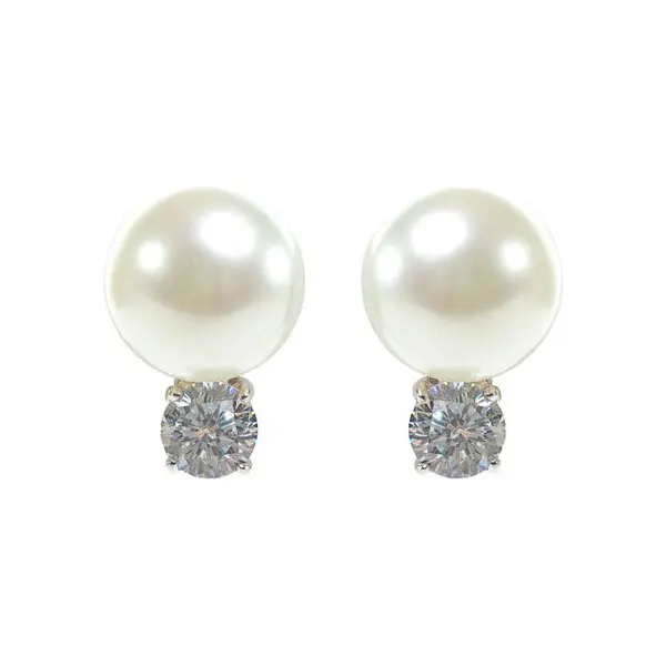FANTASIA BY DESERIO Pearl Earrings With Round Stone - White Gold Plated