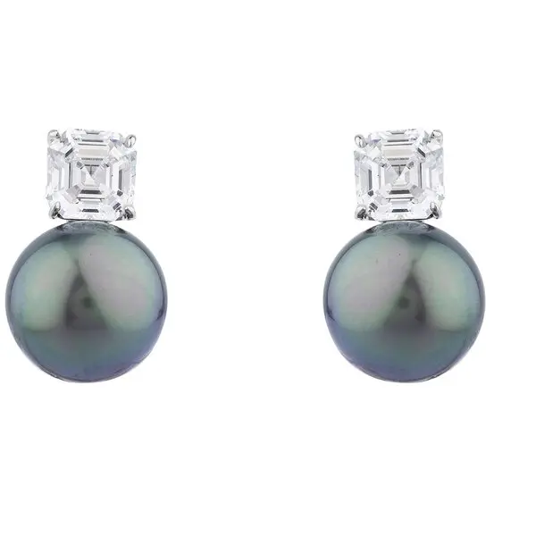 FANTASIA BY DESERIO 14mm Pearl With 2.5ct Asscher Cut Stone Earrings - Yellow Gold Plated