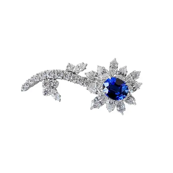 FANTASIA BY DESERIO Flower Brooch With Lab-grown Sapphire - White Gold Plated