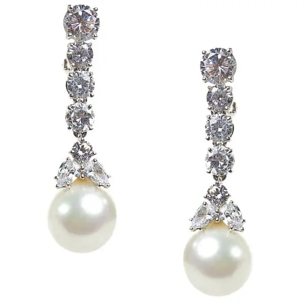 FANTASIA BY DESERIO Earrings With Round Stones And Pear-shaped Pearl Drop - White Gold Plated