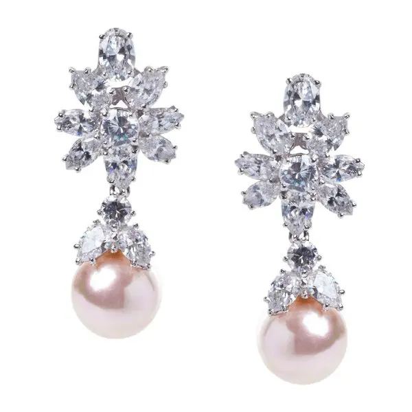 FANTASIA BY DESERIO Clustered Drop Earrings With Pearl - White Gold Plated