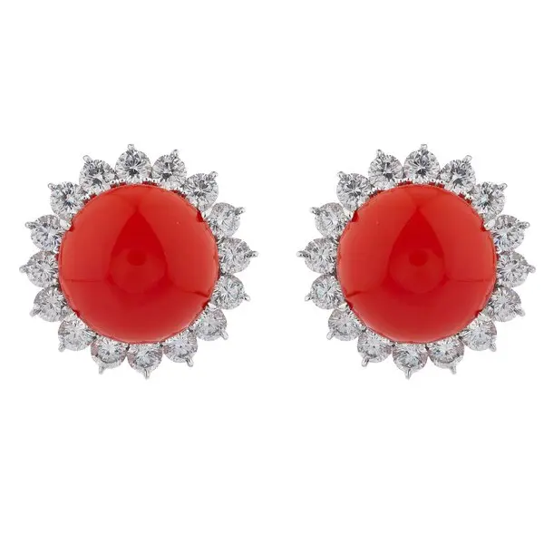 FANTASIA BY DESERIO Coral Cabochon Earrings With Cubic Zirconia Pave Trim - White Gold Plated
