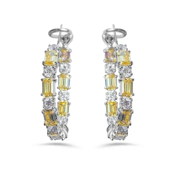 FANTASIA BY DESERIO Alternating Canary Emerald-cut And Round Hoop Earrings - Yellow Gold