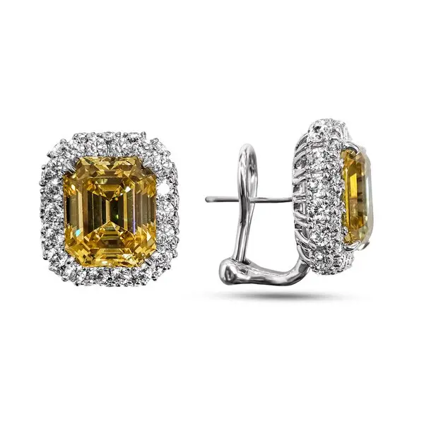 FANTASIA BY DESERIO 7ct Emerald Cut Canary Earrings With Double Halo - White Gold Plated