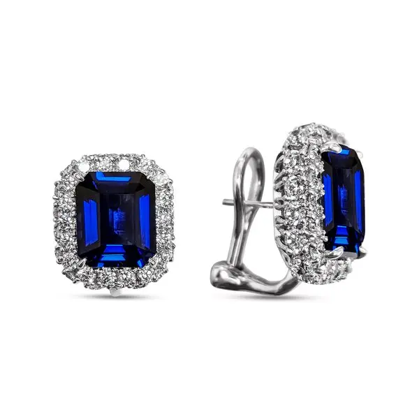 FANTASIA BY DESERIO 7ct Emerald Cut Sapphire Earring With Double Halo - White Gold Plated