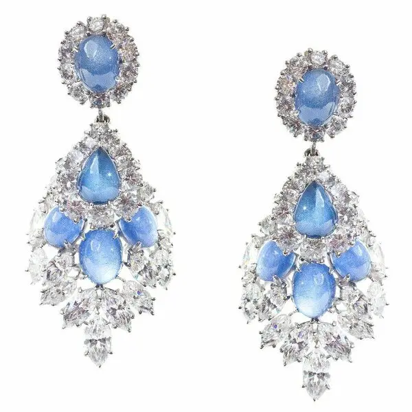 FANTASIA BY DESERIO Sapphire Cabochon Chandelier Earrings - Yellow Gold Plated