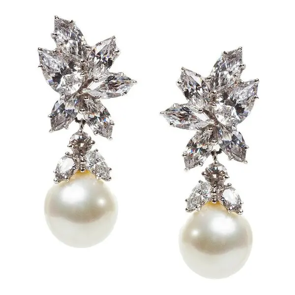 FANTASIA BY DESERIO Marquise, Pear, And Pearl Drop Earrings - White Gold Plated