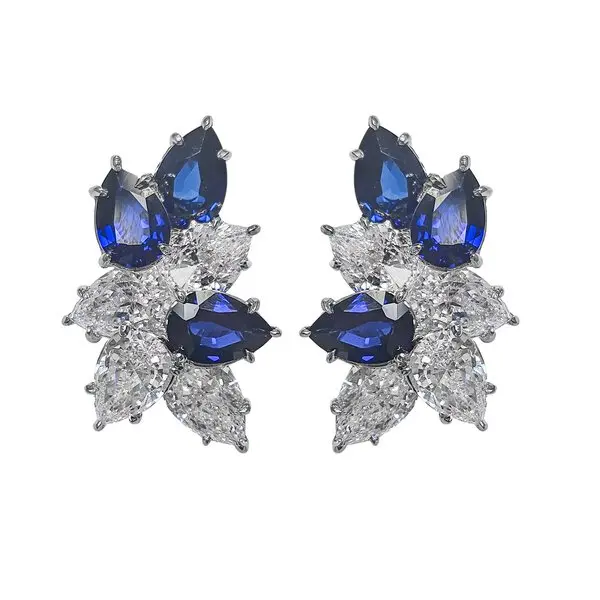 FANTASIA BY DESERIO Sapphire Pear Cluster Earrings - White Gold Plated