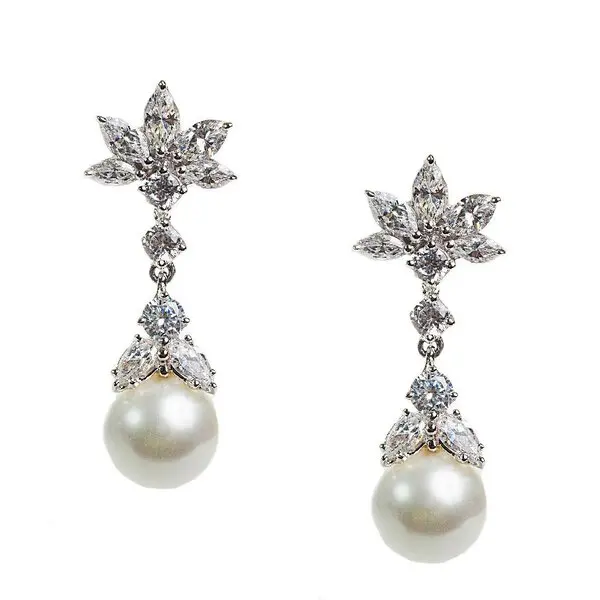 FANTASIA BY DESERIO Pearl Drop Earrings With Marquise Stones - Yellow Gold Plated
