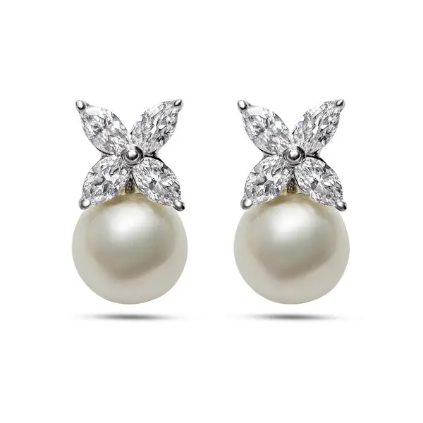 FANTASIA BY DESERIO Marquise X Cluster Pearl Drop Earrings - Yellow Gold Plated