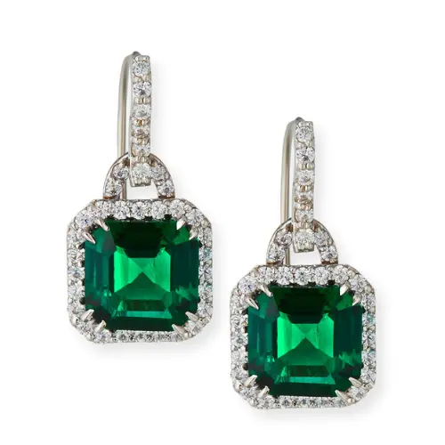 FANTASIA BY DESERIO Emerald Square Drop Earrings - White Gold Plated