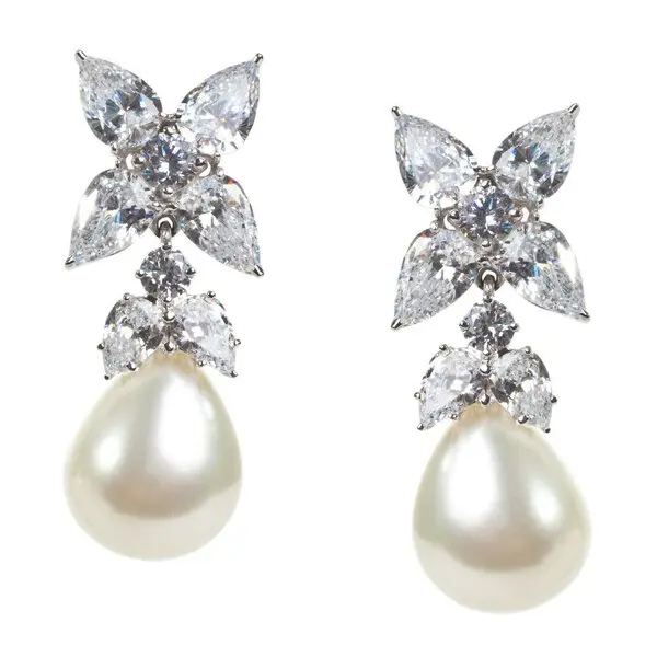 FANTASIA BY DESERIO Marquise Flower With Pearl Drop Earrings - White Gold Plated