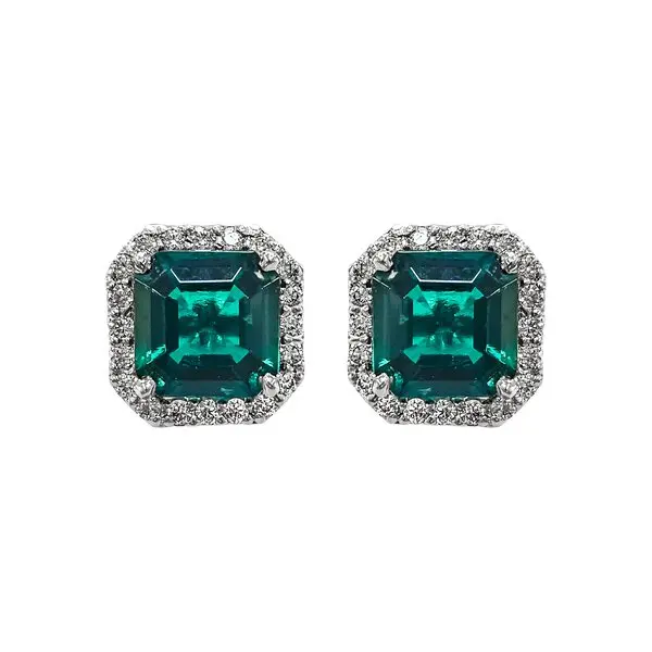 FANTASIA BY DESERIO Square-cut Emerald Stud Earrings With Pave Halo - Yellow Gold Plated