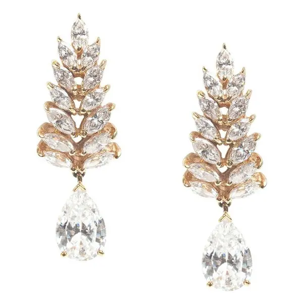 FANTASIA BY DESERIO Earrings Fern Shape Marq Cluster With Drop - White Gold Plated