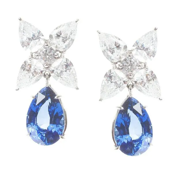 FANTASIA BY DESERIO Marquise Flower Earrings With Sapphire Drop - Yellow Gold Plated