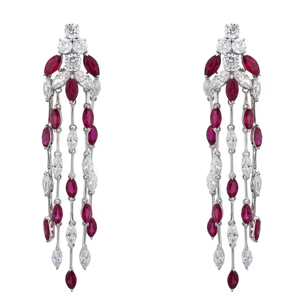 FANTASIA BY DESERIO Marquise And Round Brilliant Ruby Drop Earrings - Yellow Gold Plated