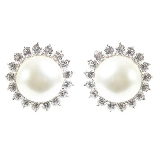 FANTASIA BY DESERIO 15mm Pearl Button Stud Earrings - White Gold Plated