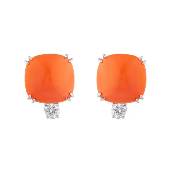 FANTASIA BY DESERIO 14mm Cabochon Coral Earrings - Yellow Gold Plated