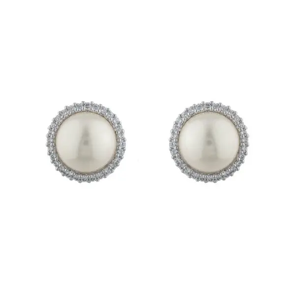 FANTASIA BY DESERIO Pearl Stud Earrings With Pave Halo - Yellow Gold Plated