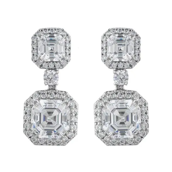 FANTASIA BY DESERIO Pave Set Asscher Drop Earrings - White Gold Plated